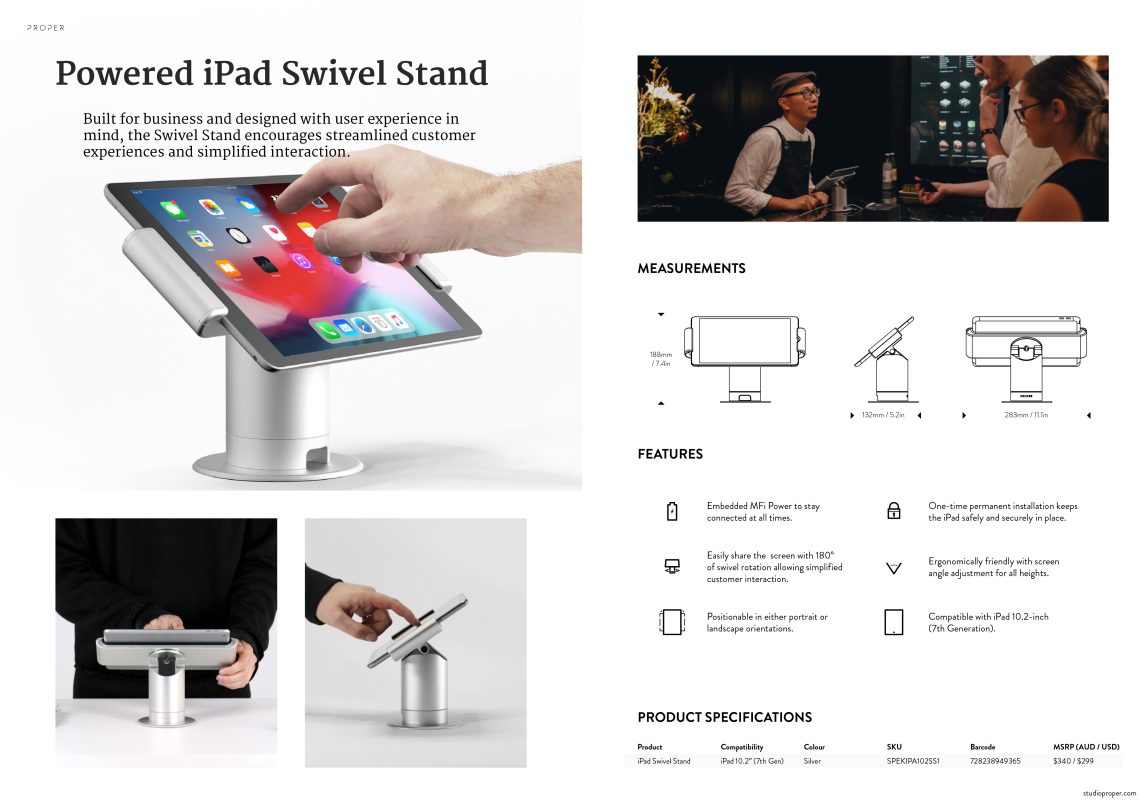 Studio Proper Swivel Stand for iPad 10.2in | Powered POS Mount